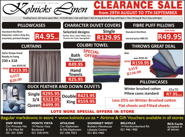 Kolnicks Linen Factory Shop Clearance Sale | Cape Town | The A-Z of ...